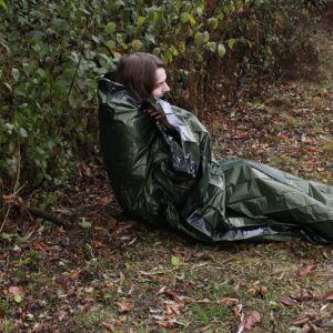 (Army Green) Emergency Sleeping Bag (+ FREE Emergency Blanket) - Lightweight, Waterproof Bivy Sack made with our Advanced Thermal Material + Nylon Carry Bag, Camping Gear & Bug Out Bags & Kits