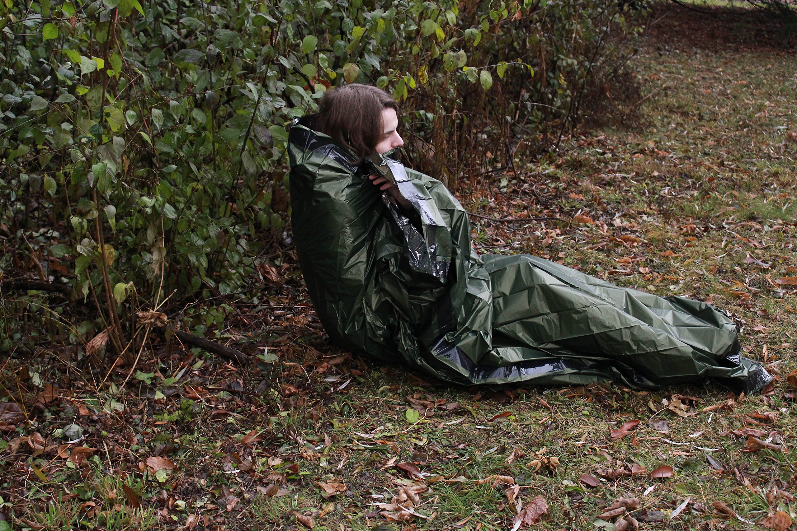 (Army Green) Emergency Sleeping Bag (+ FREE Emergency Blanket) - Lightweight, Waterproof Bivy Sack made with our Advanced Thermal Material + Nylon Carry Bag, Camping Gear & Bug Out Bags & Kits