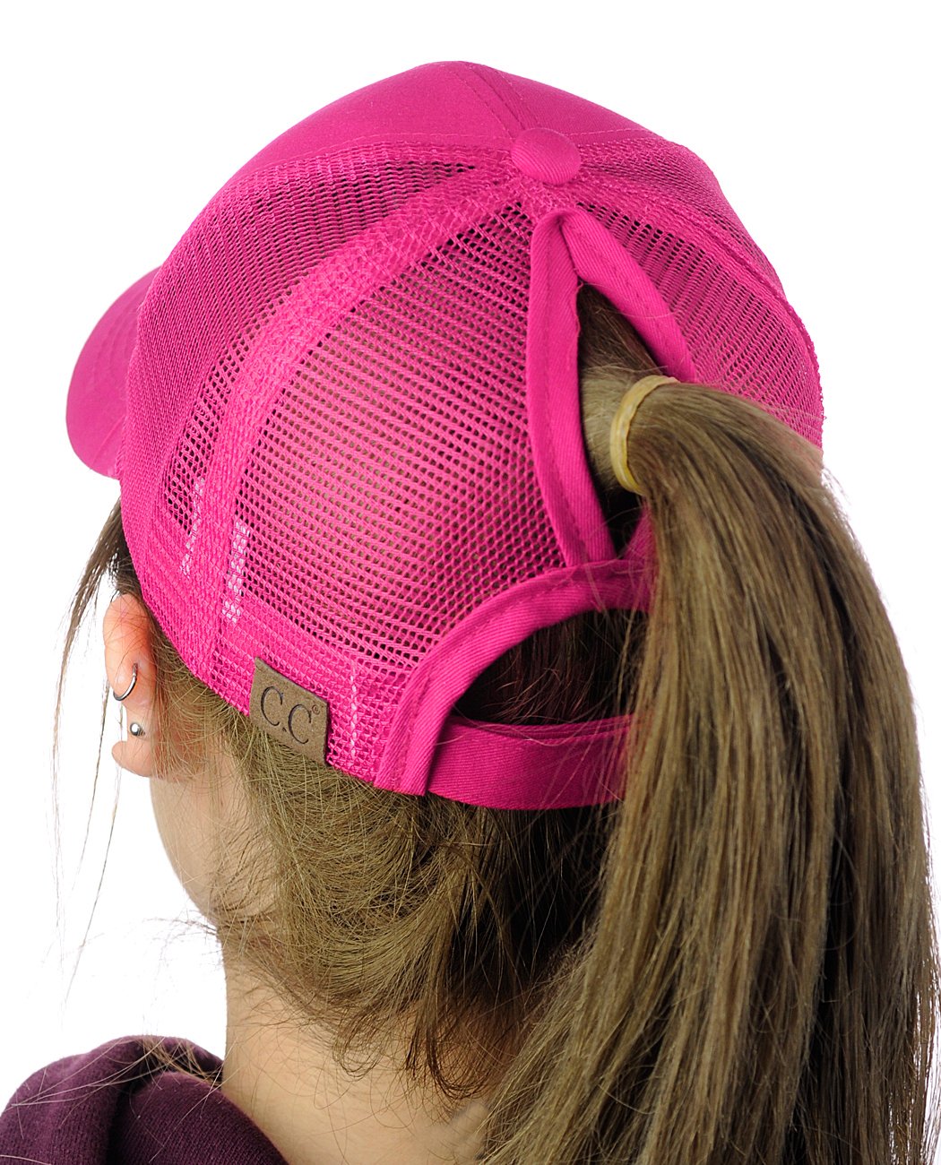 C.C Ponycap Messy High Bun Ponytail Adjustable Mesh Trucker Baseball Cap Hat, Hot Pink