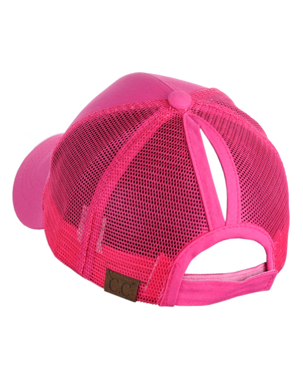 C.C Ponycap Messy High Bun Ponytail Adjustable Mesh Trucker Baseball Cap Hat, Hot Pink