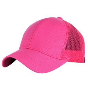 C.C Ponycap Messy High Bun Ponytail Adjustable Mesh Trucker Baseball Cap Hat, Hot Pink