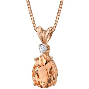 peora 14k rose gold morganite and diamond pendant, genuine gemstone teardrop solitaire, pear shape, 10x7mm, 1.80 carats total