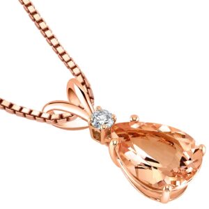 PEORA 14K Rose Gold Morganite and Diamond Pendant, Genuine Gemstone Teardrop Solitaire, Pear Shape, 10x7mm, 1.80 Carats total