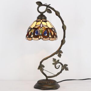 WERFACTORY Tiffany Table Lamp Stained Glass Victorian Table Lamp, Metal Leaf Base 8X10X21 Inches Desk Reading Light Decor Small Space Bedroom Home Office S021 Series