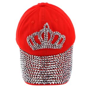 Elonmo Bling Hats, Crown Design Cotton Rhinestone Womens Baseball Cap Golf Hat Jeans Wash Denim Adjustable (Red)