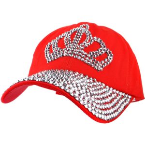 elonmo bling hats, crown design cotton rhinestone womens baseball cap golf hat jeans wash denim adjustable (red)