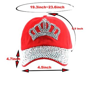 Elonmo Bling Hats, Crown Design Cotton Rhinestone Womens Baseball Cap Golf Hat Jeans Wash Denim Adjustable (Red)