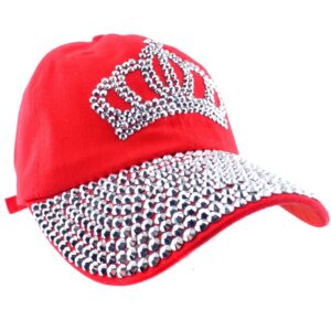 Elonmo Bling Hats, Crown Design Cotton Rhinestone Womens Baseball Cap Golf Hat Jeans Wash Denim Adjustable (Red)