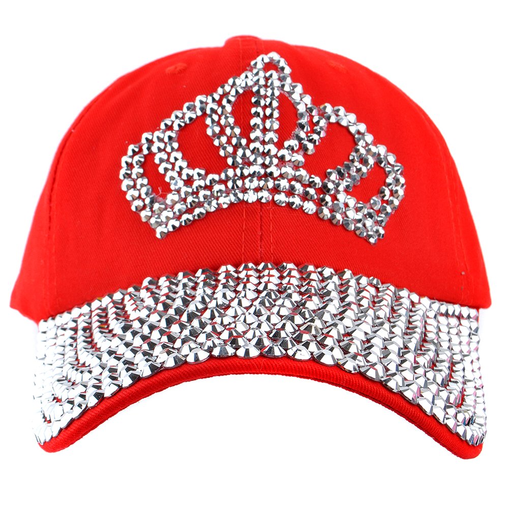 Elonmo Bling Hats, Crown Design Cotton Rhinestone Womens Baseball Cap Golf Hat Jeans Wash Denim Adjustable (Red)