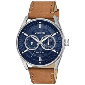 citizen men's eco-drive weekender watch in stainless steel with brown leather strap, blue dial, 42mm (model: bu4020-01l)