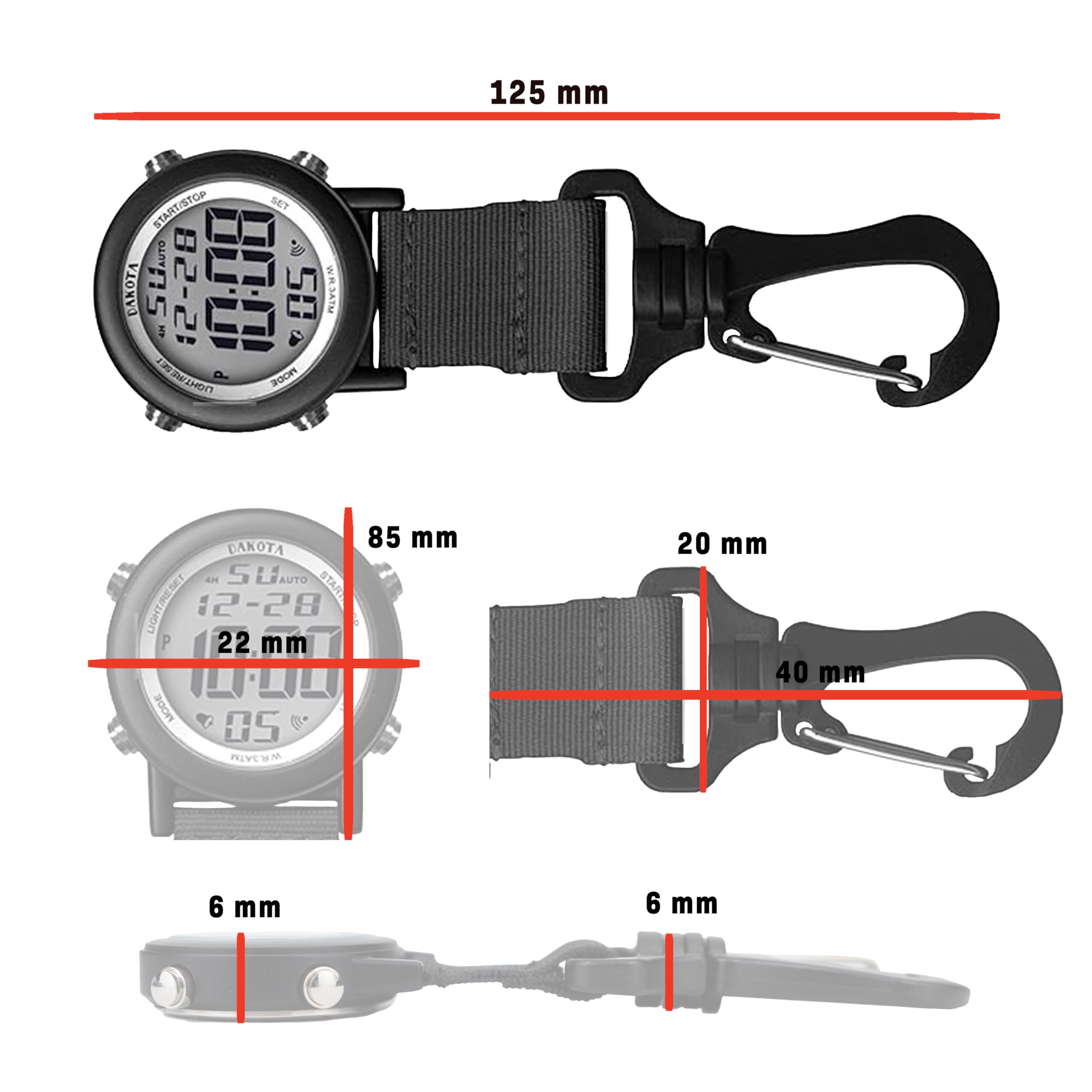 Dakota Light Digital Backpacker, Clip Watch, Alarm, Stopwatch, Timer and Dual Time Watch, Outdoor Gifts for Men and Women, Use for Fishing and More, Tactical Digital Watch, Clip On Watch