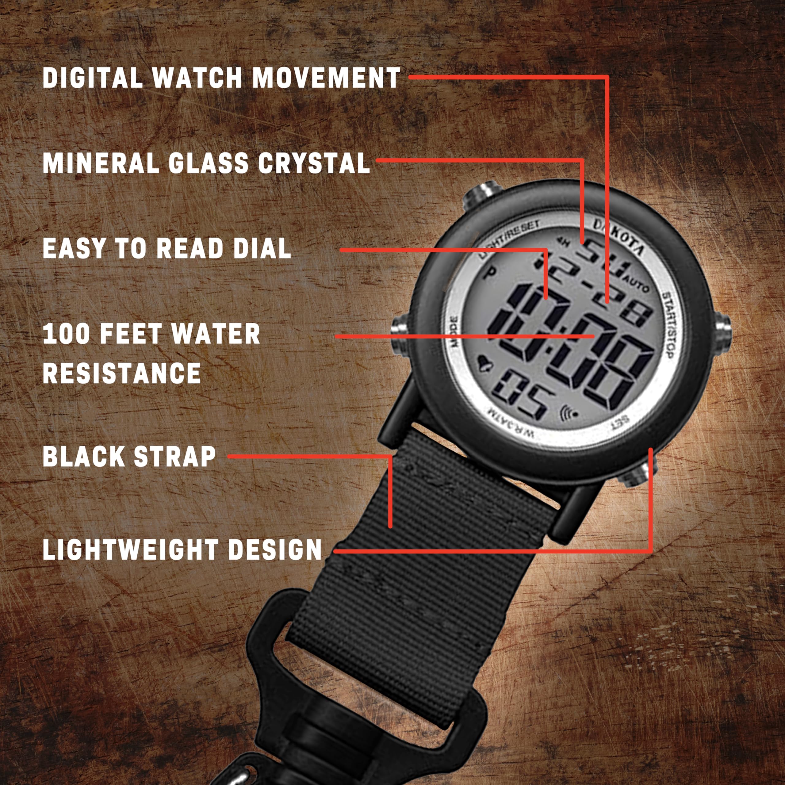 Dakota Light Digital Backpacker, Clip Watch, Alarm, Stopwatch, Timer and Dual Time Watch, Outdoor Gifts for Men and Women, Use for Fishing and More, Tactical Digital Watch, Clip On Watch