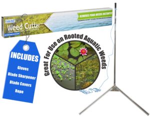 crystal blue pond & lake weed cutter - 42 inch wide cutting path, includes 20 foot rope, blade sharpener & safety gloves - remove common pond weeds, chara, lilly pads, small leaf & more