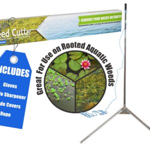 Crystal Blue Pond & Lake Weed Cutter - 42 inch Wide Cutting Path, Includes 20 Foot Rope, Blade Sharpener & Safety Gloves - Remove Common Pond Weeds, Chara, Lilly Pads, Small Leaf & More