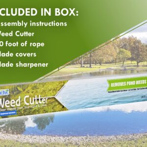 Crystal Blue Pond & Lake Weed Cutter - 42 inch Wide Cutting Path, Includes 20 Foot Rope, Blade Sharpener & Safety Gloves - Remove Common Pond Weeds, Chara, Lilly Pads, Small Leaf & More