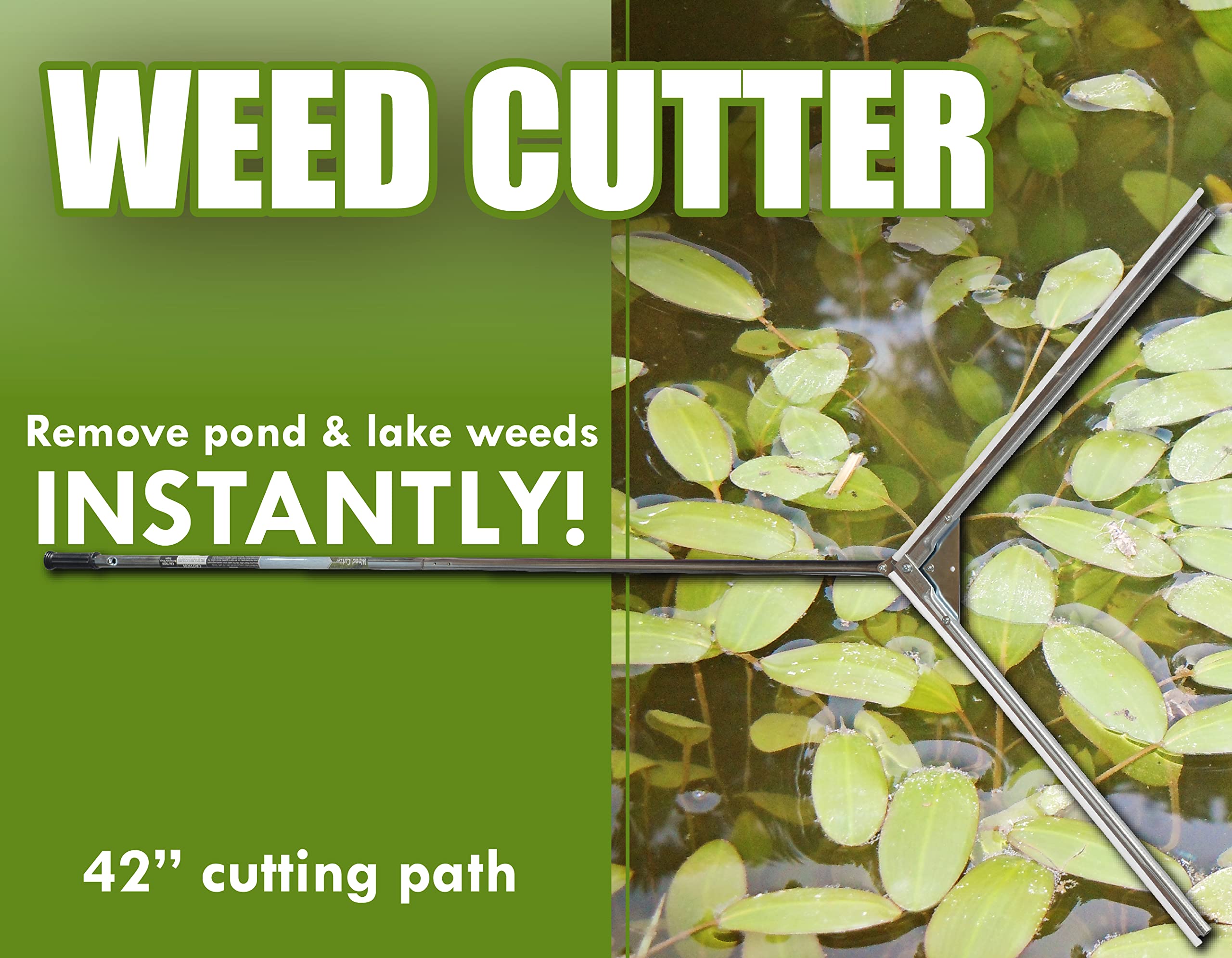 Crystal Blue Pond & Lake Weed Cutter - 42 inch Wide Cutting Path, Includes 20 Foot Rope, Blade Sharpener & Safety Gloves - Remove Common Pond Weeds, Chara, Lilly Pads, Small Leaf & More