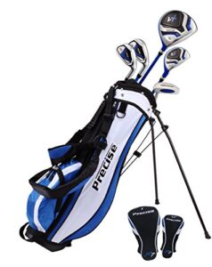 precise distinctive right handed junior golf club set for age 9 to 12 (height 4'4" to 5') set includes: driver (15"), hybrid wood (22*), 2 irons, putter, bonus stand bag & 2 headcovers