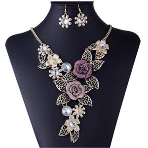 sanitro women's vintage flower rose gold necklace statement earrings jewelry set