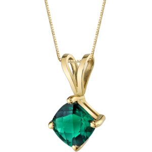 peora 14k yellow gold created emerald pendant for women, classic solitaire, 0.75 carat, cushion cut, 6mm, aaa grade