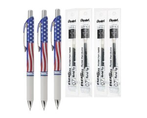 pentel energel deluxe rtx liquid gel ink pen set kit, stars & stripes, pack of 3 with 4 refills (black - 0.7mm)