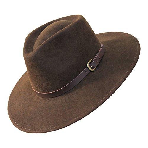 B&S Premium Lewis - Wide Brim Fedora Hat - 100% Wool Felt - Water Resistant - Leather Band - Dark Brown 60