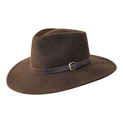 B&S Premium Lewis - Wide Brim Fedora Hat - 100% Wool Felt - Water Resistant - Leather Band - Dark Brown 60