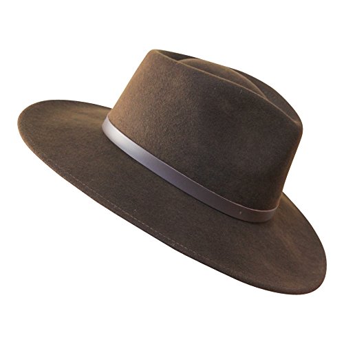 B&S Premium Lewis - Wide Brim Fedora Hat - 100% Wool Felt - Water Resistant - Leather Band - Dark Brown 60