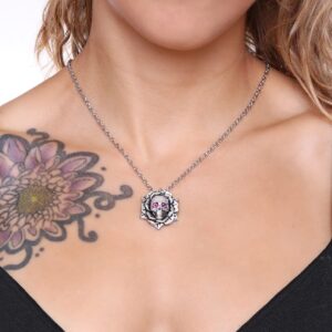 Skull Rose Birthstone Necklace With Crystal 17" - 19" Adjustable Chain (03-March – Blue)