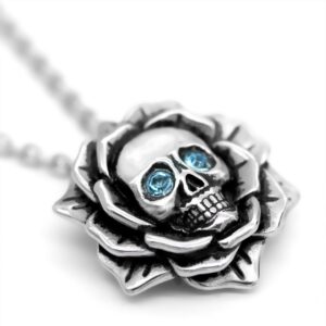 Skull Rose Birthstone Necklace With Crystal 17" - 19" Adjustable Chain (03-March – Blue)