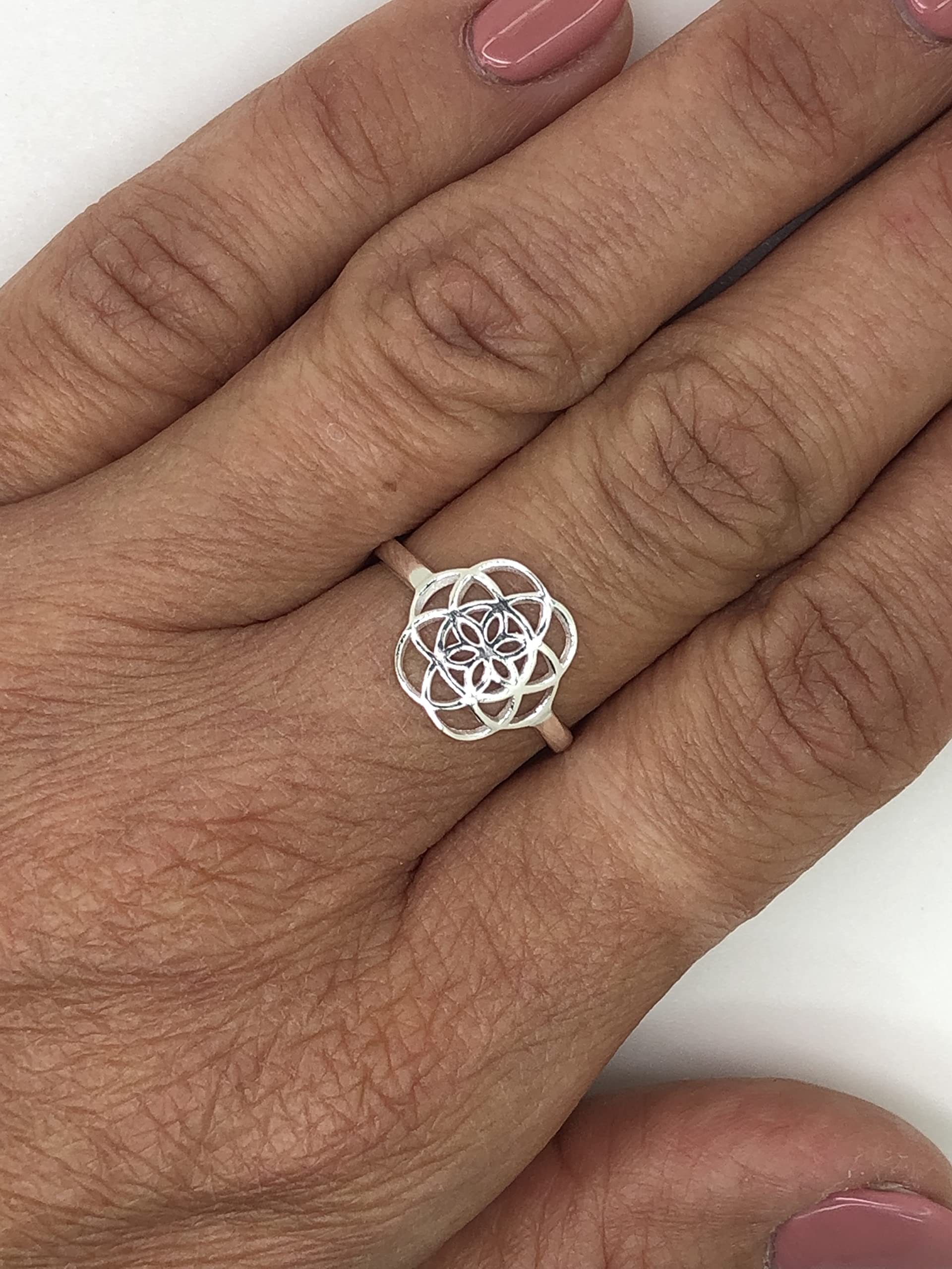 Seed of Life Ring Sterling Silver 925 Sizes US 6 7 8 9 Sacred Geometry Flower of Life Yoga Jewelry (6)