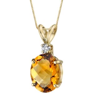 peora solid 14k yellow gold citrine and diamond pendant for women, genuine gemstone birthstone, elegant solitaire, oval shape, 10x8mm, 2.30 carats total