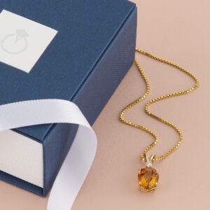 PEORA Solid 14K Yellow Gold Citrine and Diamond Pendant for Women, Genuine Gemstone Birthstone, Elegant Solitaire, Oval Shape, 10x8mm, 2.30 Carats total