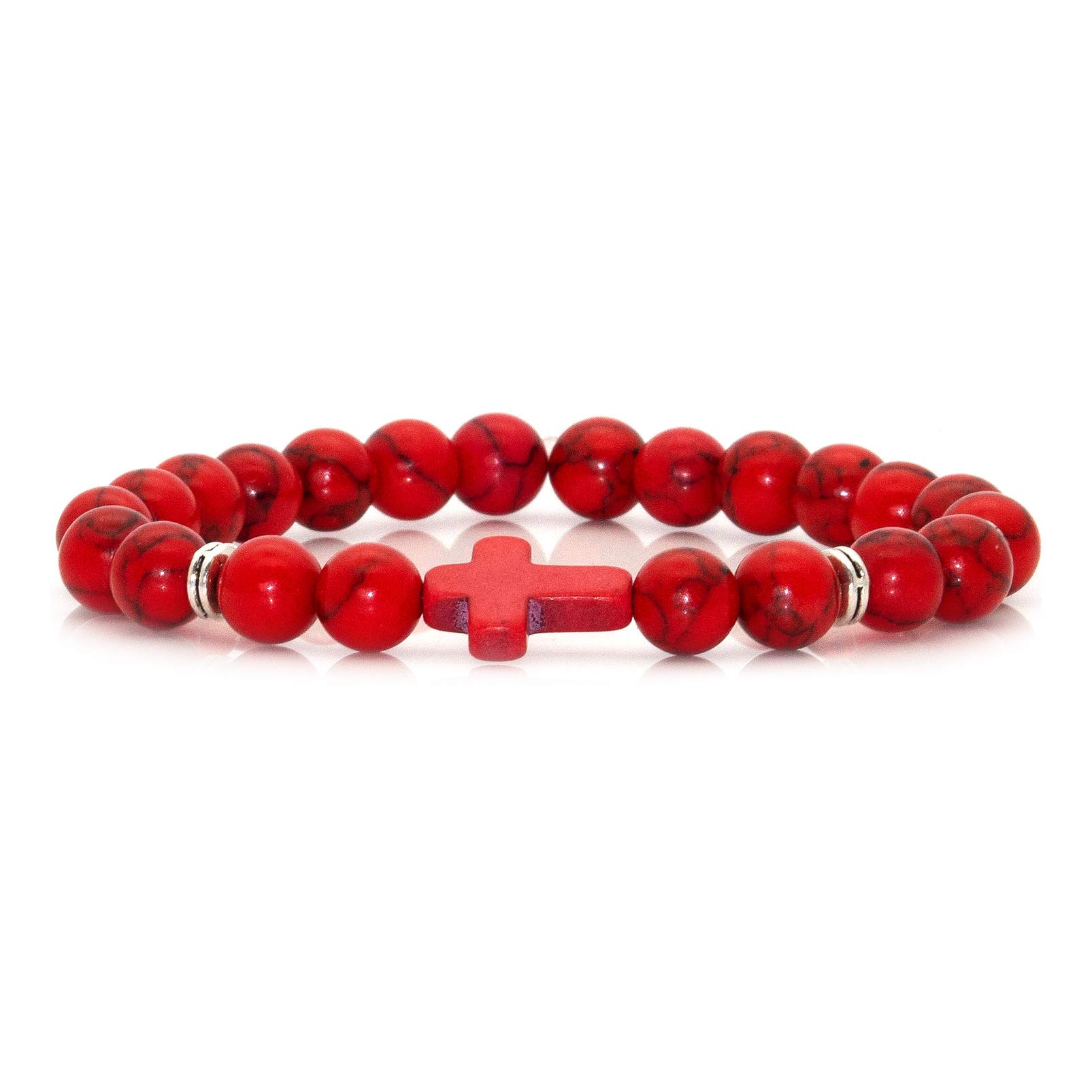 Xusamss Fashion 8MM Matte Agate Beads Bracelet Cross Elastic Bracelet(Red Turquoise)