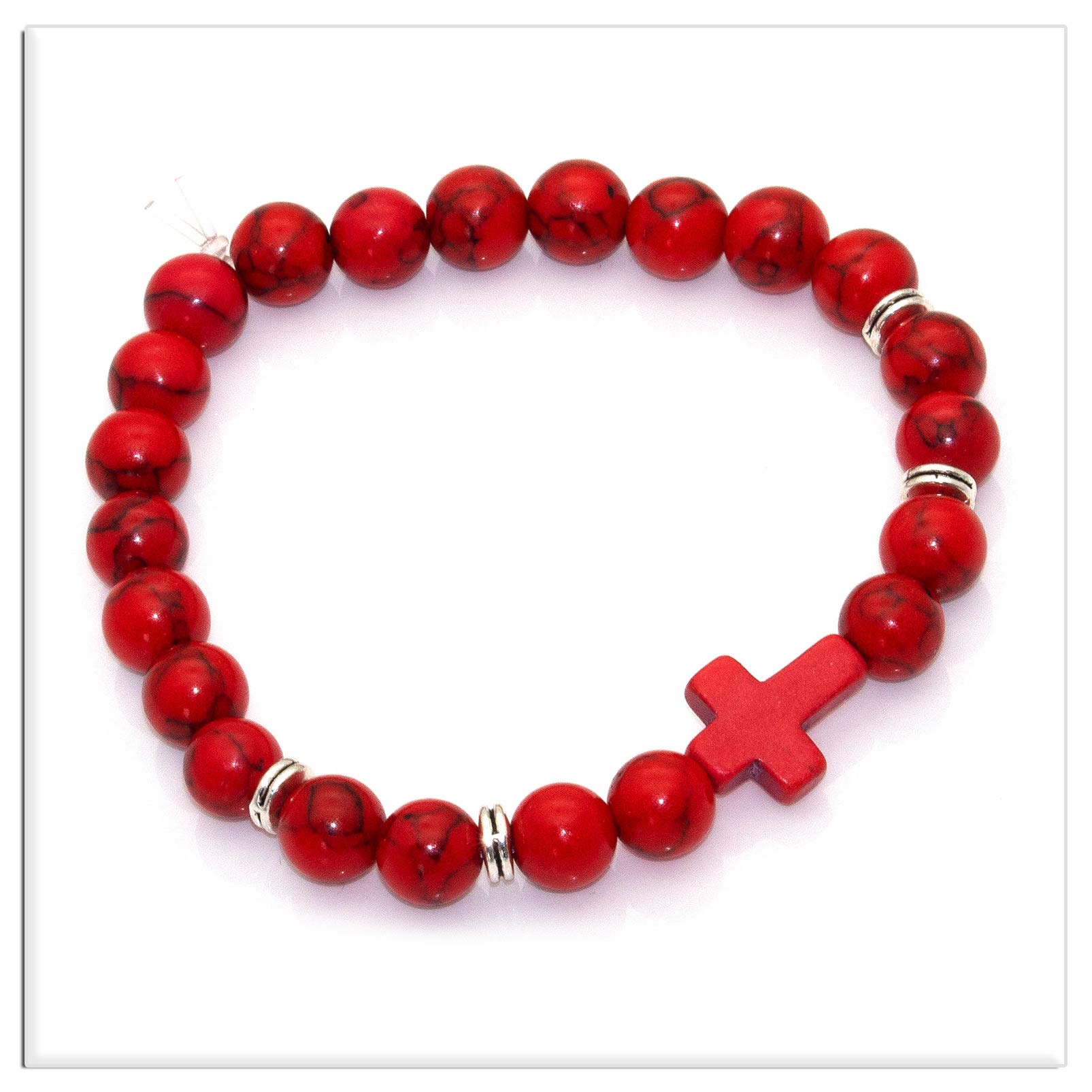 Xusamss Fashion 8MM Matte Agate Beads Bracelet Cross Elastic Bracelet(Red Turquoise)