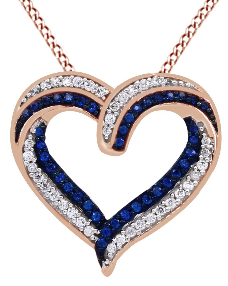 AFFY 0.78 Ct Simulated Blue Sapphire & White CZ Heart Pendant Necklace in 14k Rose Gold Over Sterling Silver