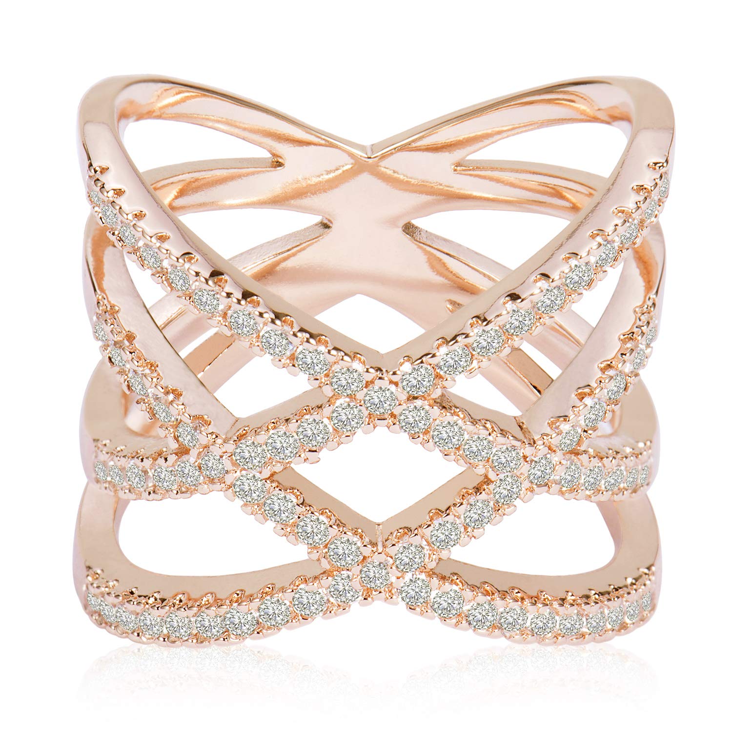 LEMON GRASS Rose Gold Double Criss Cross Ring CZ Pave Crossover Fashion Band Size 8