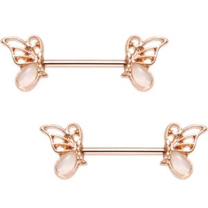 body candy anodized steel pink accent butterfly barbell nipple ring set of 2 14 gauge 15mm