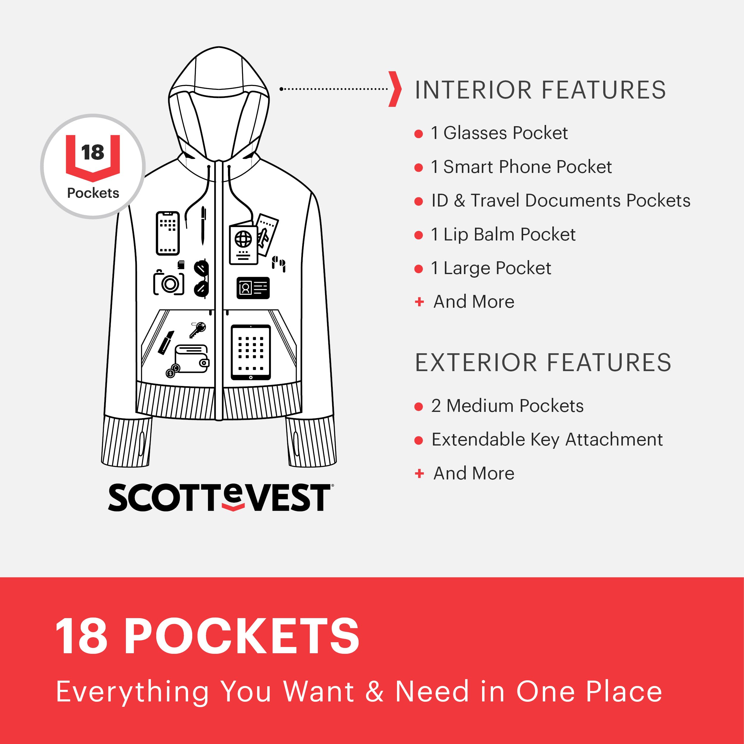 SCOTTeVEST Glow Hoodie for Women - 18 Hidden Pockets - Lightweight Zip Up Sweatshirt for Travel & More (Midnight, M1)