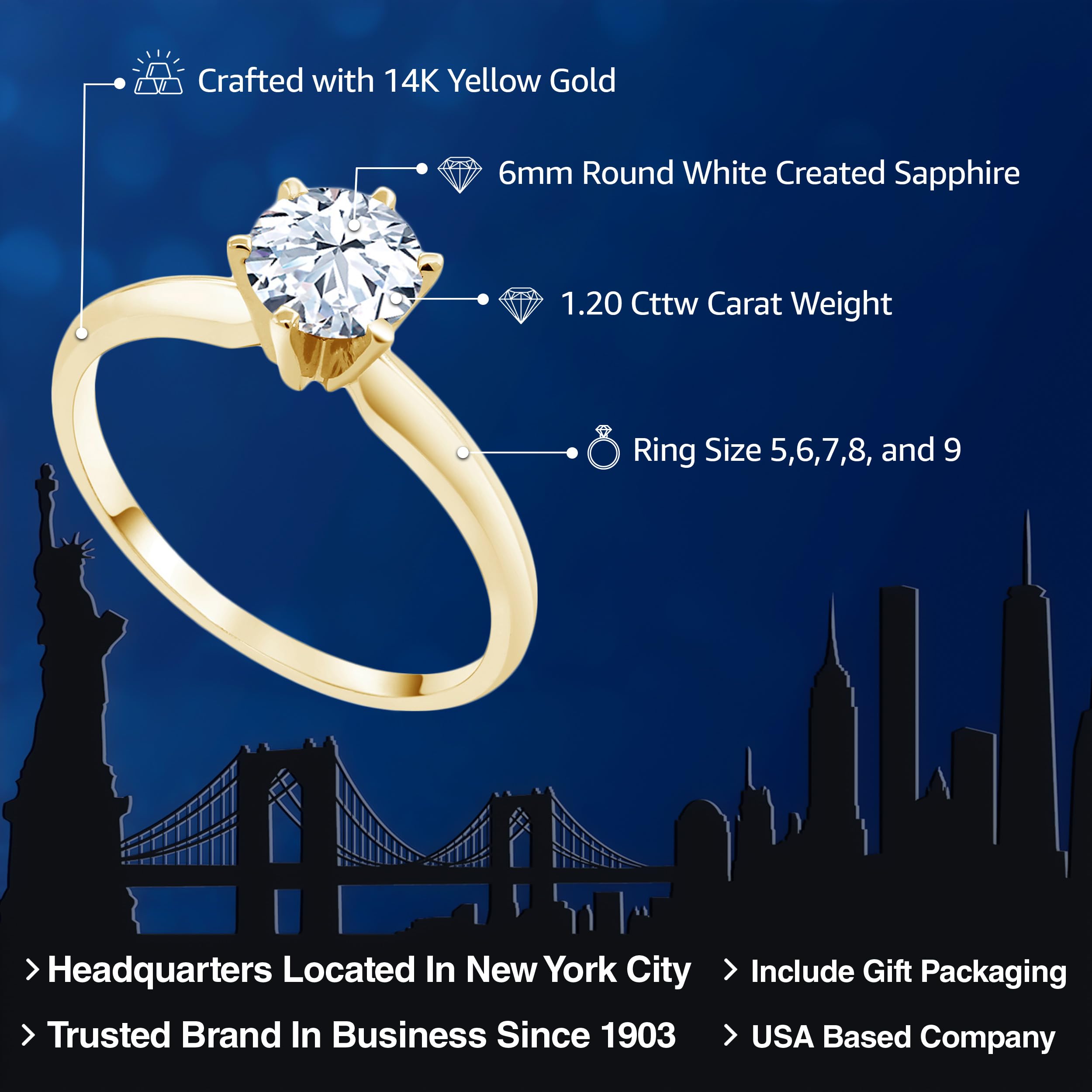 Gem Stone King 14K Yellow Gold White Created Sapphire Engagement Ring | Wedding Solitaire Anniversary Promise Gold Ring For Women | 1.20 Cttw | Available In Size 5,6,7,8,9