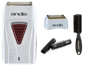 andis cordless men’s long lasting lithium battery titanium foil shaver with bonus replacement foil assembly and inner cutters with a beauwis brush