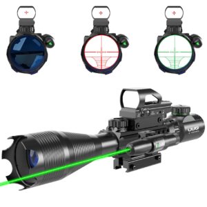 uuq 4-16x50 tactical rifle scope red/green illuminated range finder reticle w/laser sight and holographic reflex dot sight (green laser w/upgraded dot sight)