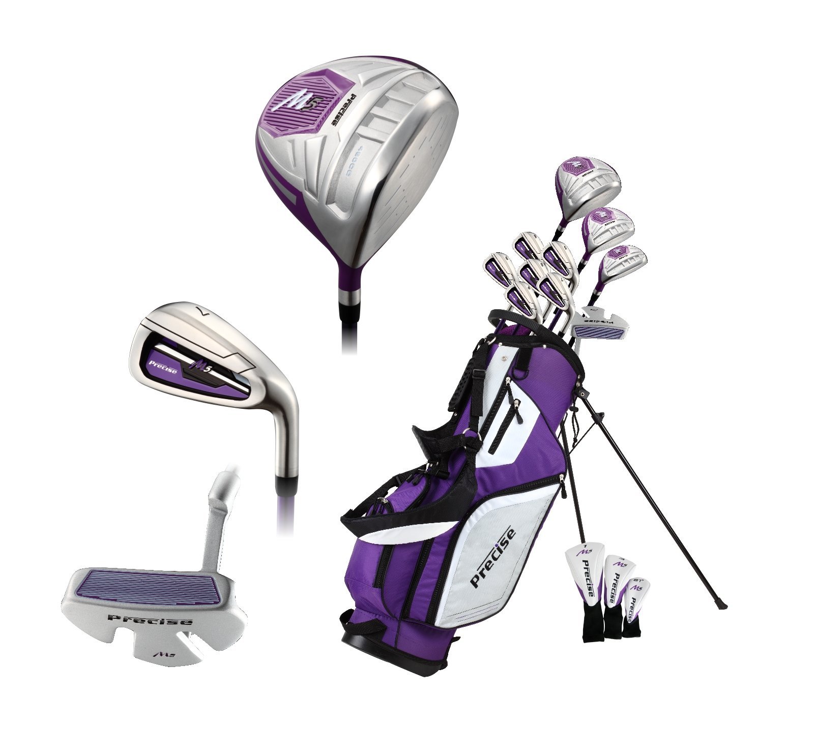 Precise M5 Ladies Womens Complete Right Handed Golf Clubs Set Includes Titanium Driver, S.S. Fairway, S.S. Hybrid, S.S. 5-PW Irons, Putter, Stand Bag, 3 H/C's Purple (Right Hand Petite Size -1")