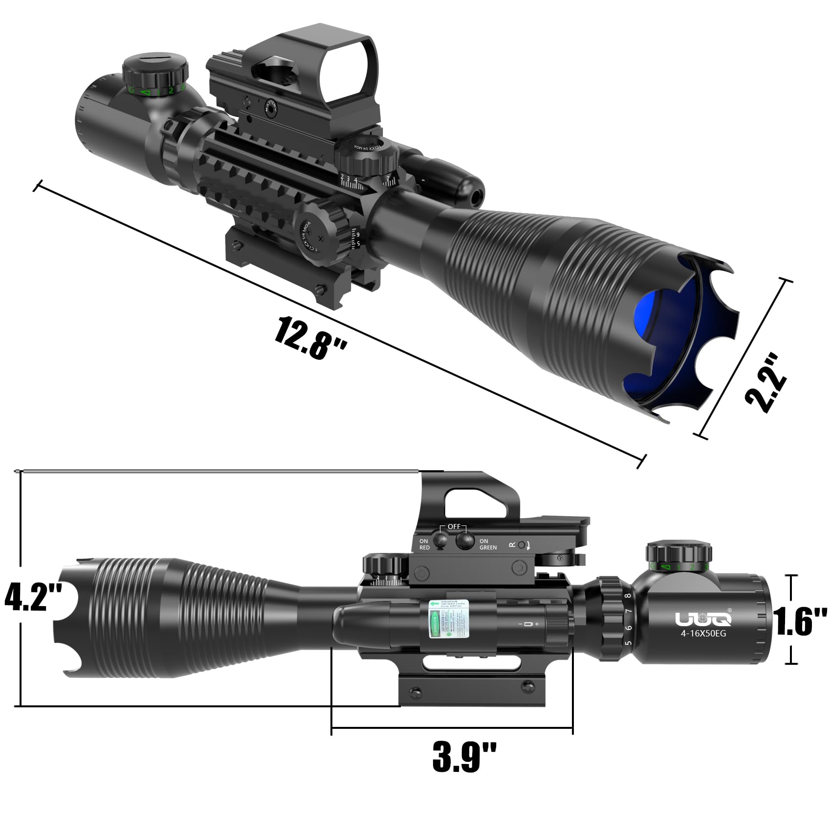 UUQ 4-16x50 Tactical Rifle Scope Red/Green Illuminated Range Finder Reticle W/Laser Sight and Holographic Reflex Dot Sight (Green Laser W/Upgraded Dot Sight)