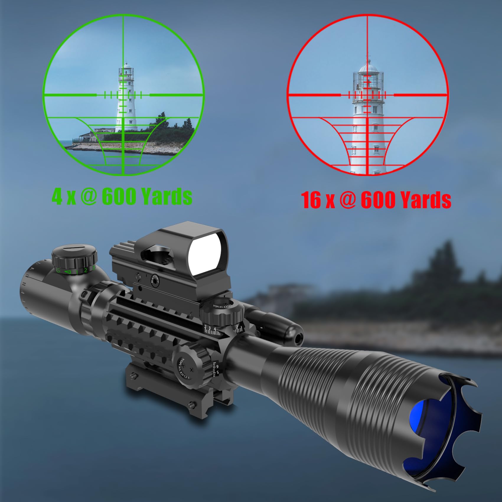 UUQ 4-16x50 Tactical Rifle Scope Red/Green Illuminated Range Finder Reticle W/Laser Sight and Holographic Reflex Dot Sight (Green Laser W/Upgraded Dot Sight)