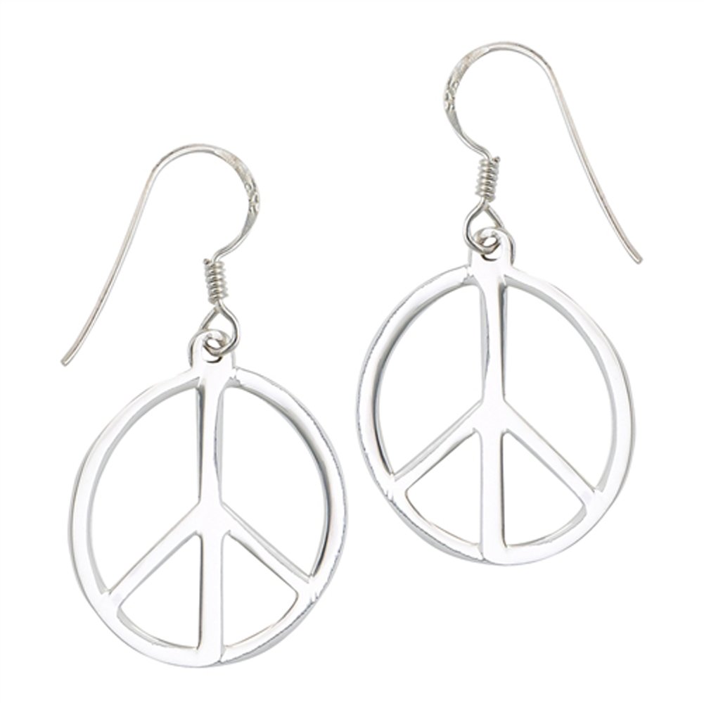 High Polish Peace Sign Hippie Symbol .925 Sterling Silver Simple Dangle Earrings