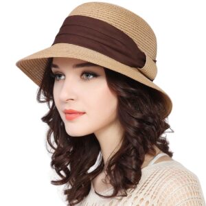 lanzom sun hats for women wide brim straw hat summer beach hat foldable packable cap for travel outdoor (a-khaki)