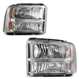 autosaver88 headlight assembly compatible with 05 06 07 ford f250 f350 f450 f550 super duty/05 ford excursion headlight assembly oe projector headlamp chrome housing clear lens