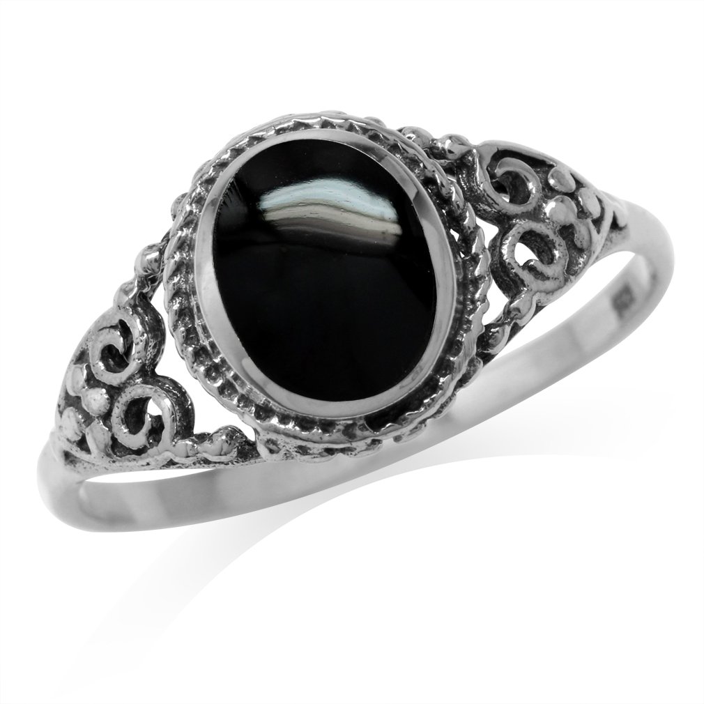 Silvershake Created Black Onyx Inlay 925 Sterling Silver Filigree Victorian Style Ring Size 7