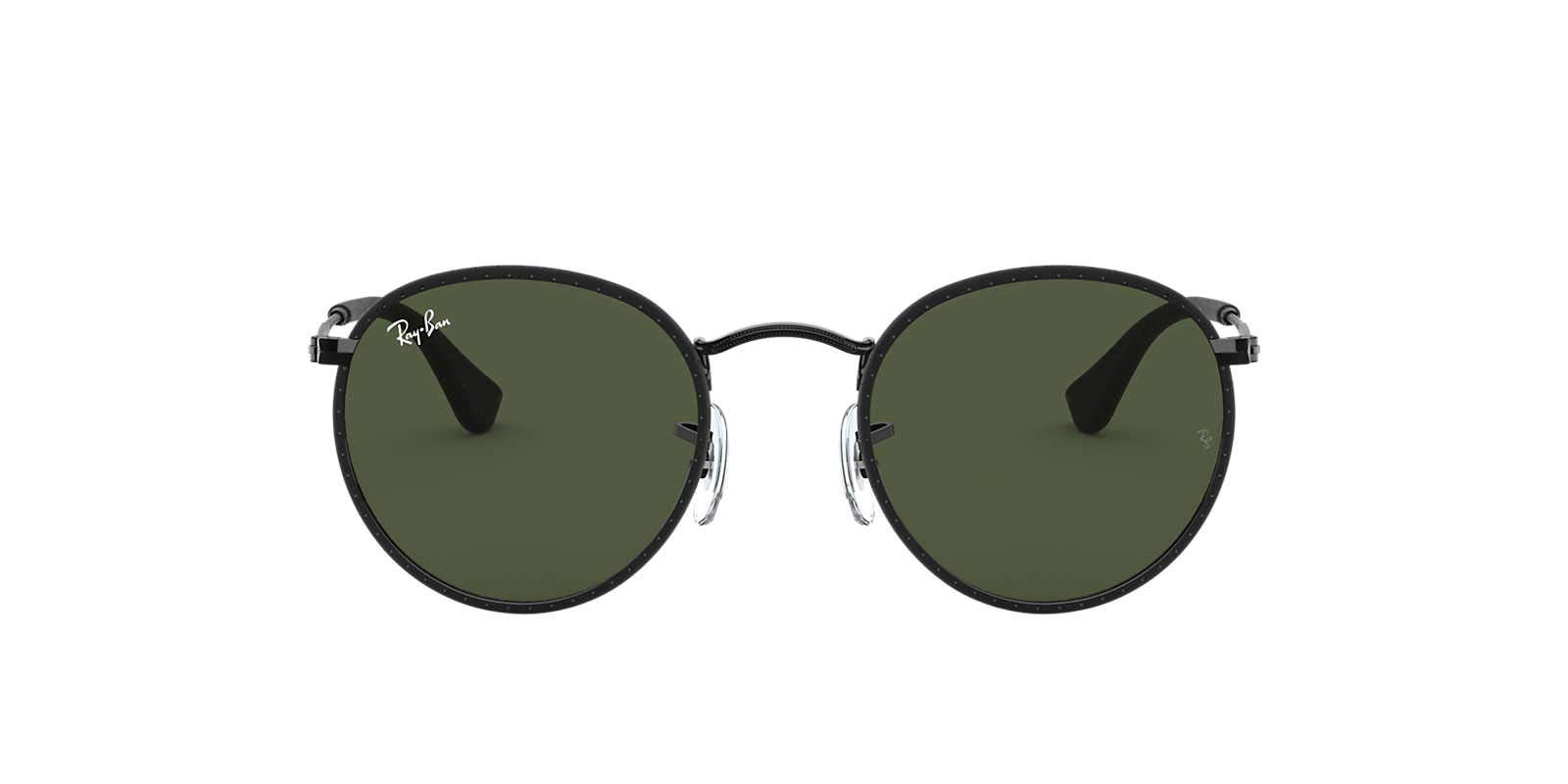 Ray-Ban RB3475Q Round Craft Sunglasses, Leather Black On Black/G-15 Green, 50 mm