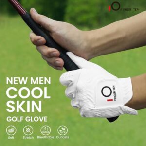 FINGER TEN Golf Gloves Men Left Right Hand Rain Grip Value 3 Pack, All Weather Durable Grip Size Small Medium Large XL White Black Blue Red Brown (White, X-Large, Left)